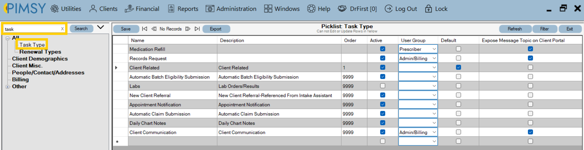 How to Set Up Task Types for Client Portal Messaging – PIMSY EHR Help Desk